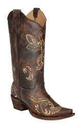 Circle G Women's Distressed Bone Dragonfly Embroidered Snip Toe Western ...