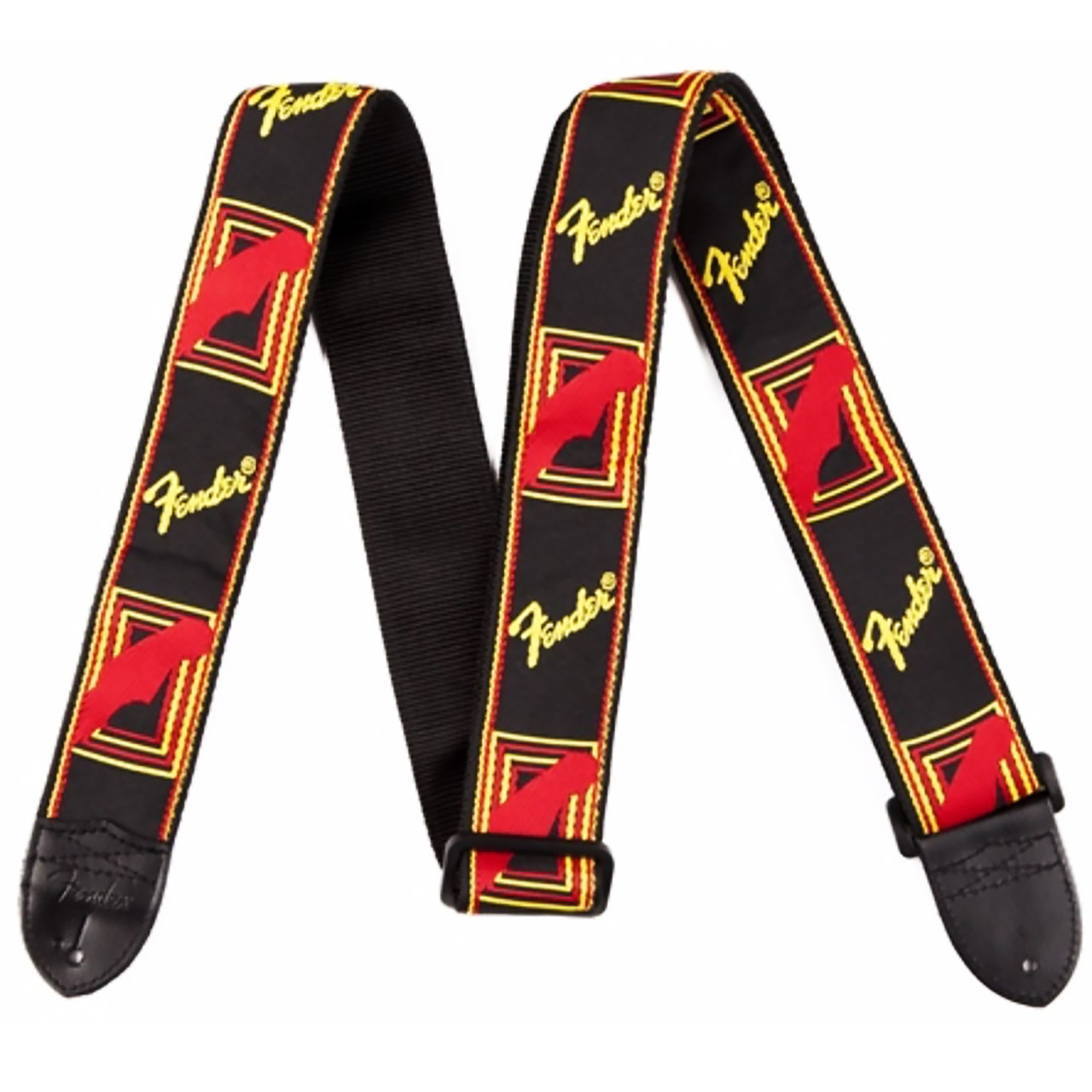 Fender Monogrammed Guitar Strap with Leather Ends, Black/Yellow/Red ...