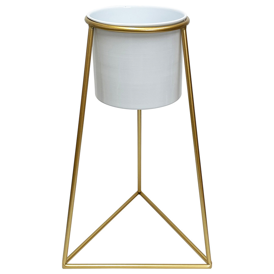White Planter W/Gold Pyramid Stand - Botanical Creations