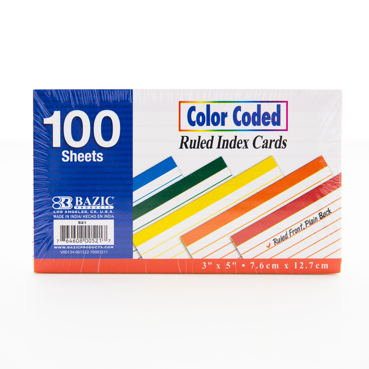 BAZIC 100 Ct. 3" X 5" Ruled Color Coded Index Card