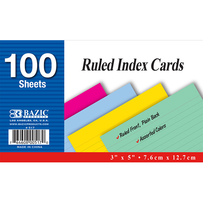 BAZIC 100 Ct. 3" X 5" Ruled Colored Index Card