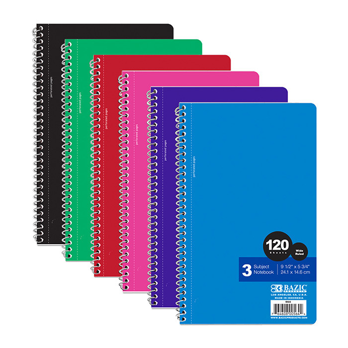 BAZIC W/R 120 Ct. 9.5" X 5.75" 3-Subject Spiral Notebook