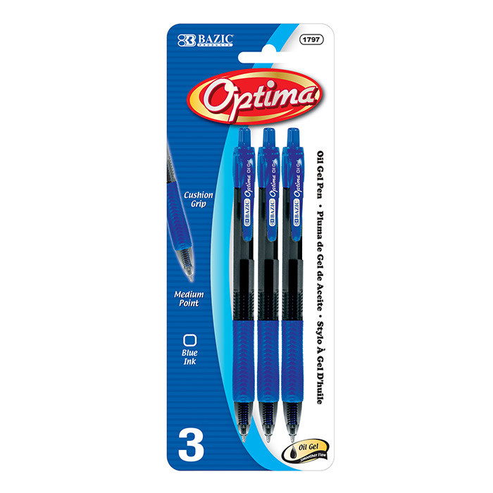 BAZIC Optima Blue Oil-Gel Ink Retractable Pen w/ Grip (3/Pack)