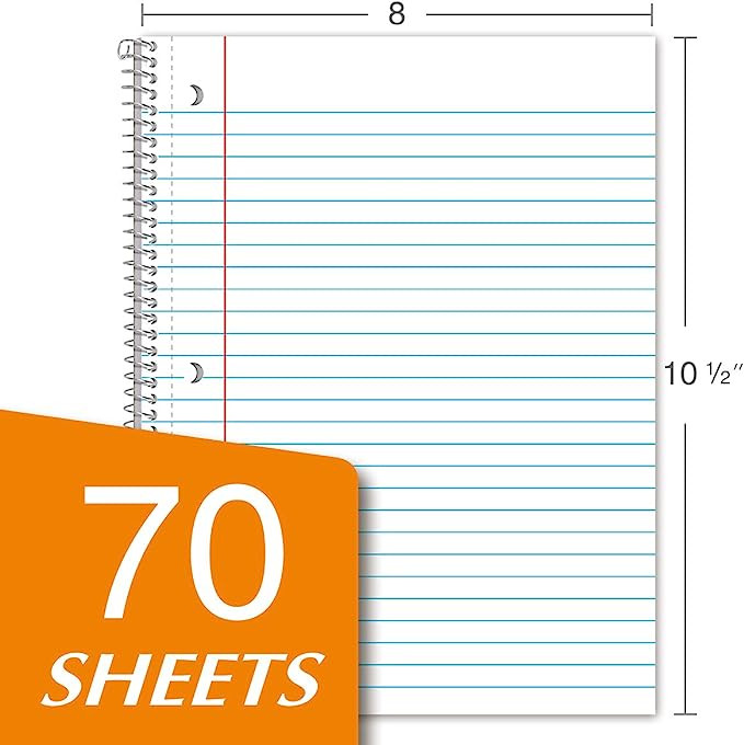 1-Subject Wirebound Notebook Spiral Note Book, 8x10.5inch Wide Ruled ...