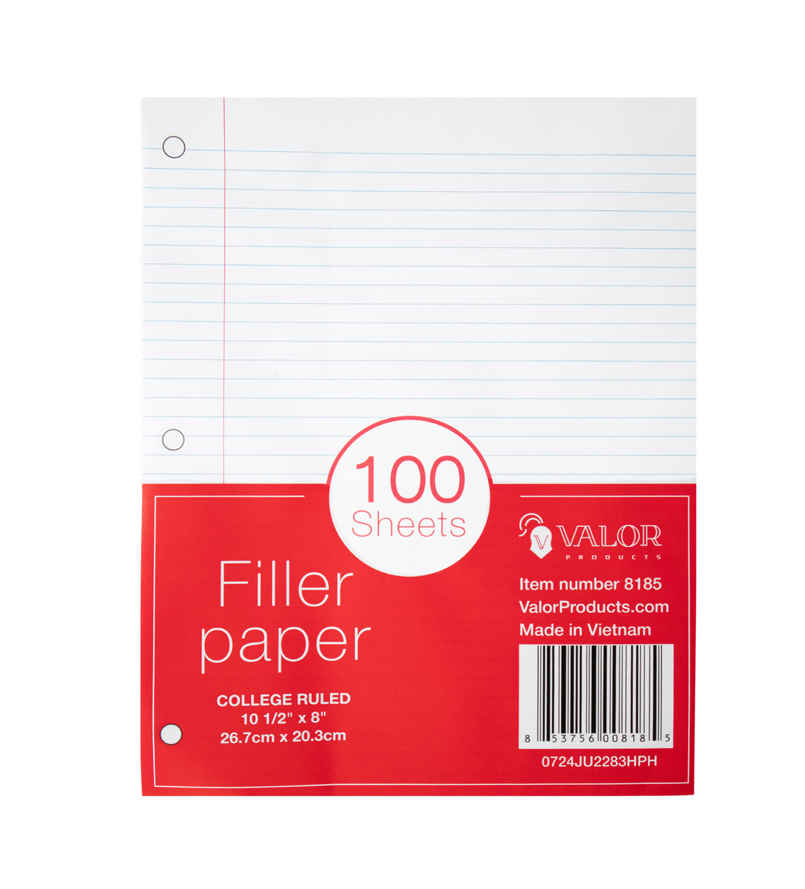Valor Products 100CT Filler Paper 3-Hole Punched College Ruled