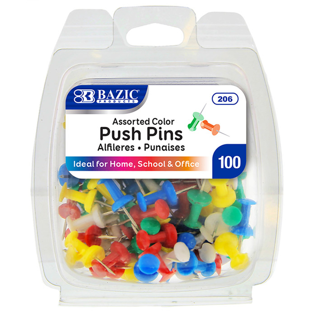 BAZIC Assorted Color Push Pins, 100 Per Pack
