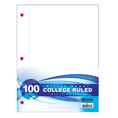 BAZIC 10 1/2" x 8" College Ruled Filer Paper, 100 Sheets