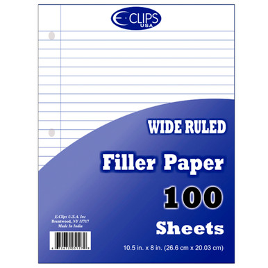 Wide Ruled White Filler Paper, 10.5 x 8 Inches, 100 Sheets