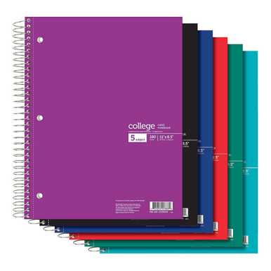 Premium 5-Subject Notebook, College Ruled, 180 Sheets