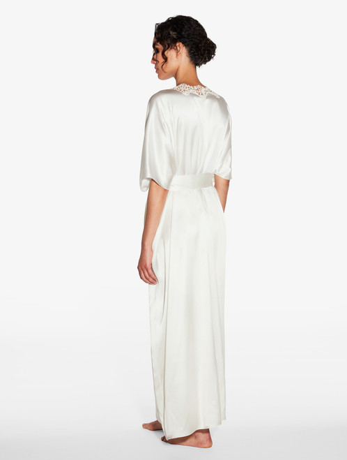Off-white long silk robe with macramé