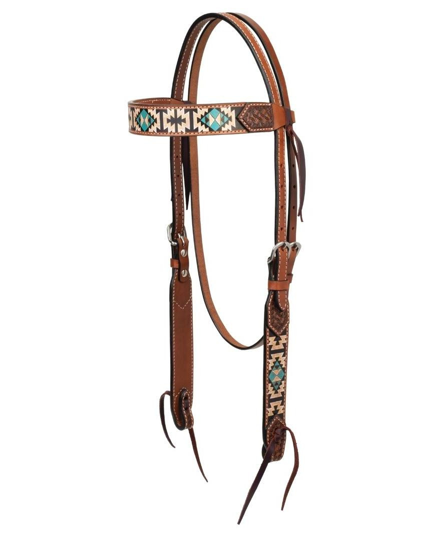 Turquoise Cross Aztec Brow Headstall- Western Tack
