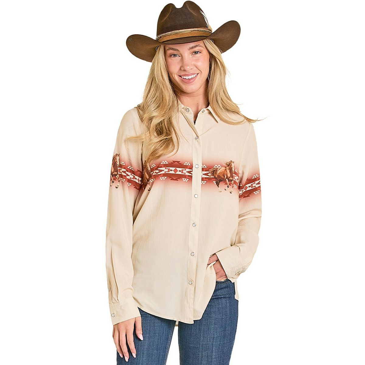 Rock & Roll Denim Oversized Border Print Shirt