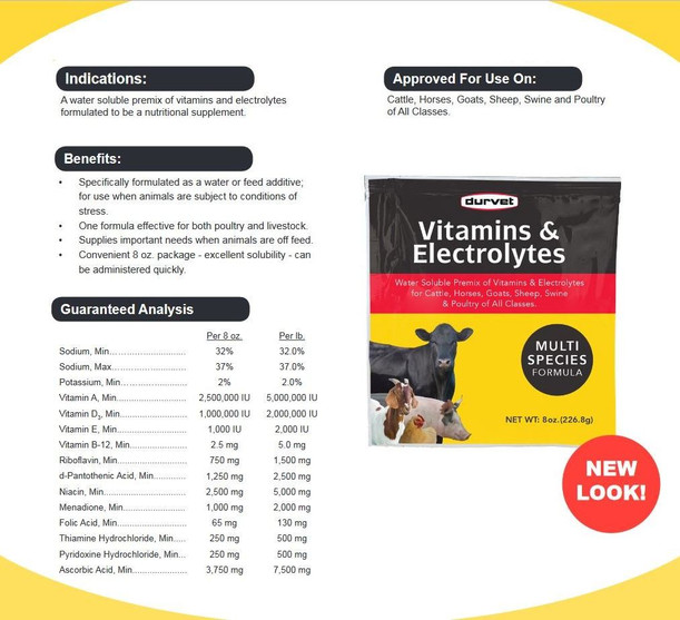 Durvet Vitamins & Electrolytes Multi Species- Animal Supplements
