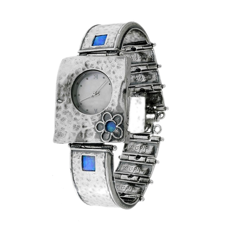 W00068 - Chunky silver watch with flower - Aviv Silver