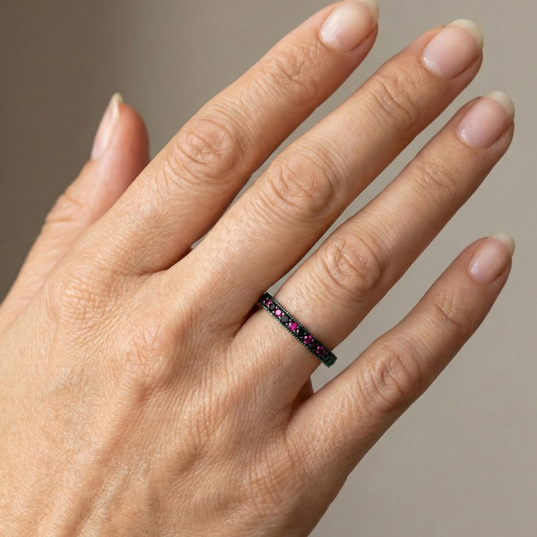 Vintage Style Black Diamond & Red Ruby Wedding Ring Band