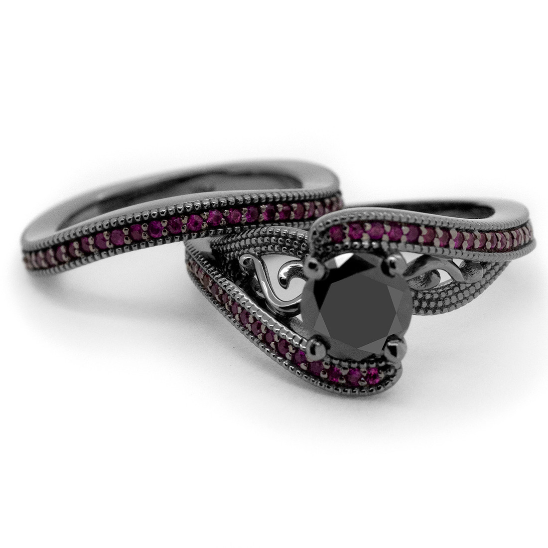 Matching Black Diamond & Red Ruby Floral Engagement Ring Set 14k Black Gold
