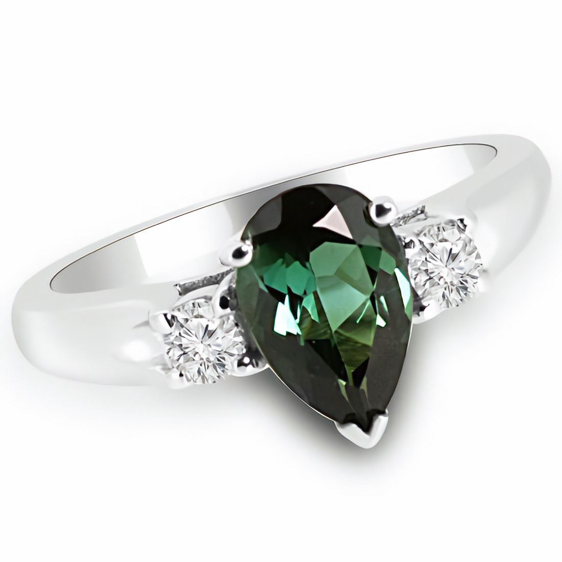 Pear Cut Green Tourmaline Diamond 3 Stone Engagement Ring