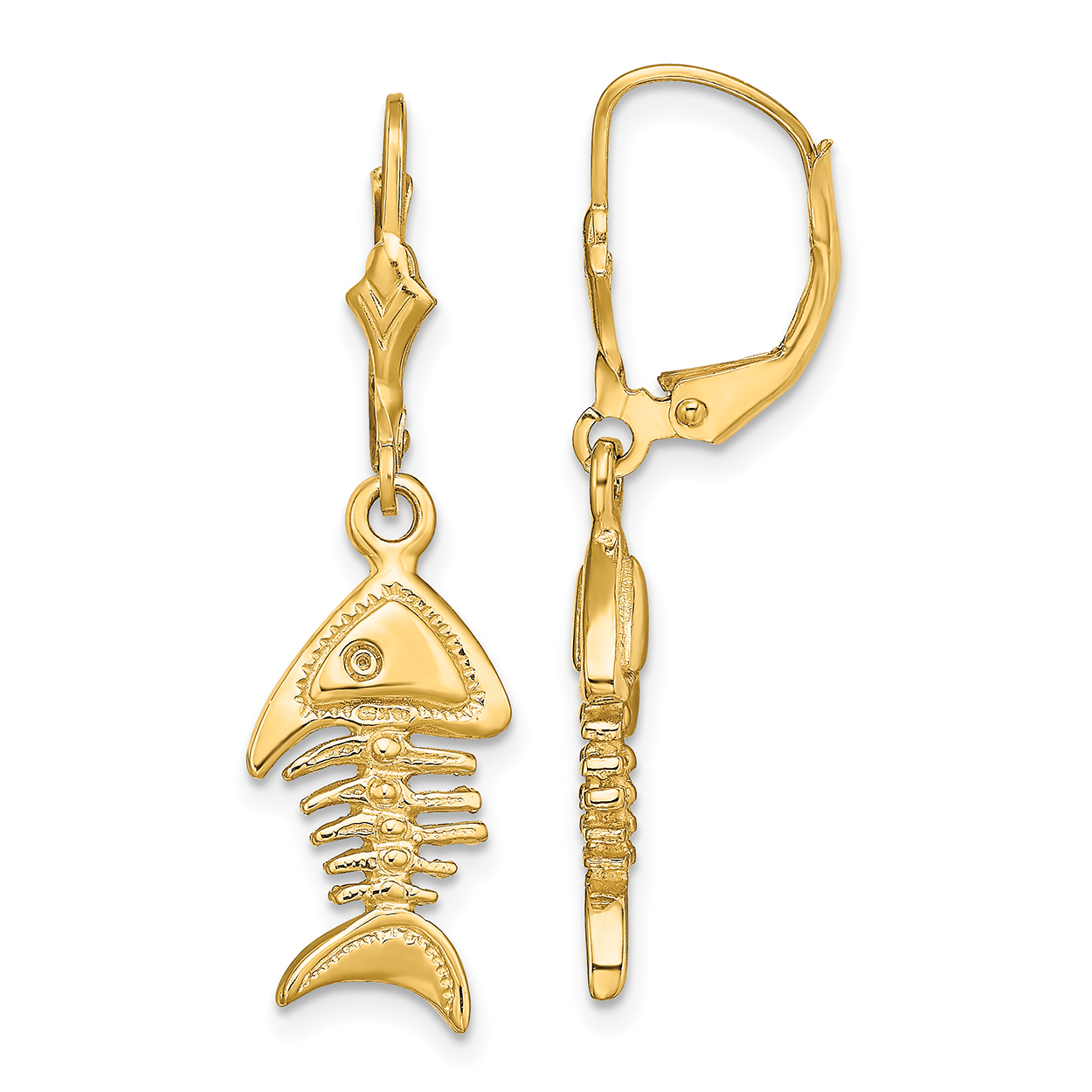 14k Yellow Gold 3D Fishbone Drop Dangle Earrings