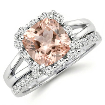 Peach Pink Morganite & Diamond Halo Engagement Ring Matching Set