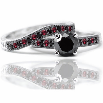 1.70ct Black Diamond & Red Ruby Matching Engagement Ring Set
