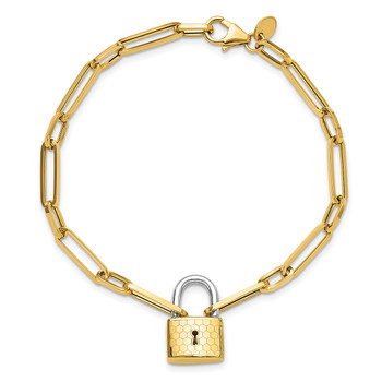 Fancy Link 14k Yellow Gold Love Lock Charm Bracelet 7.5"