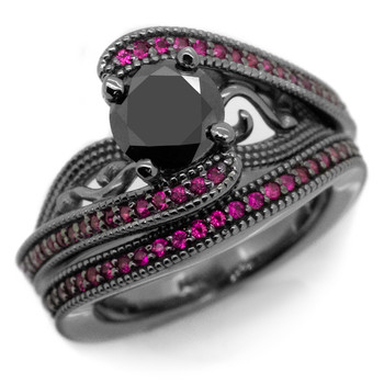 Matching Black Diamond & Red Ruby Floral Engagement Ring Set 14k Black Gold