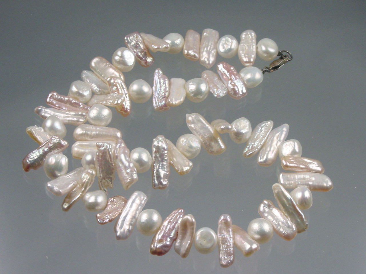 Pink Biwa and White Freshwater Pearl Necklace