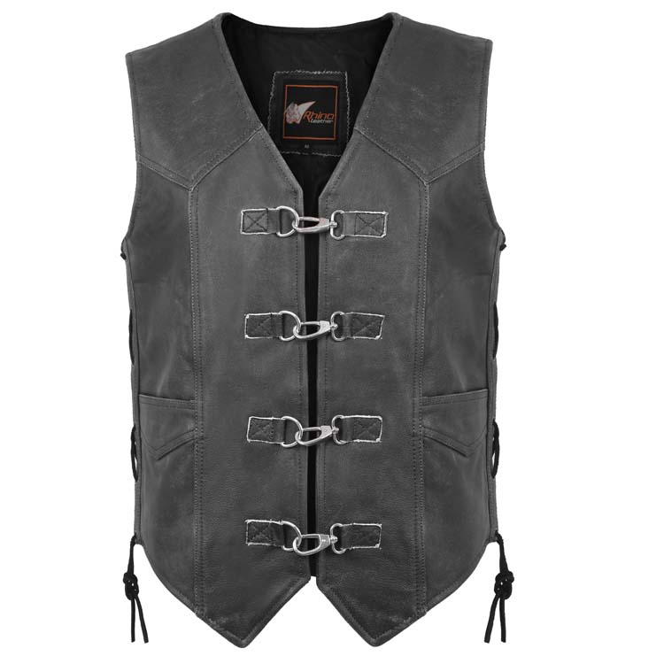 Distressed leather vest with chrome clasps for motorcycle riders