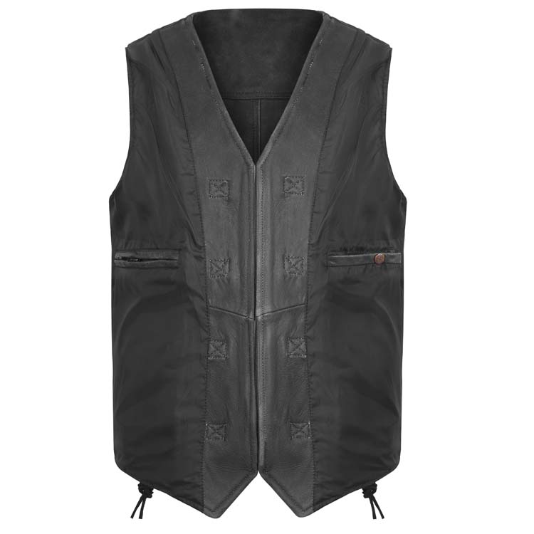 Distressed leather vest with chrome clasps for motorcycle riders