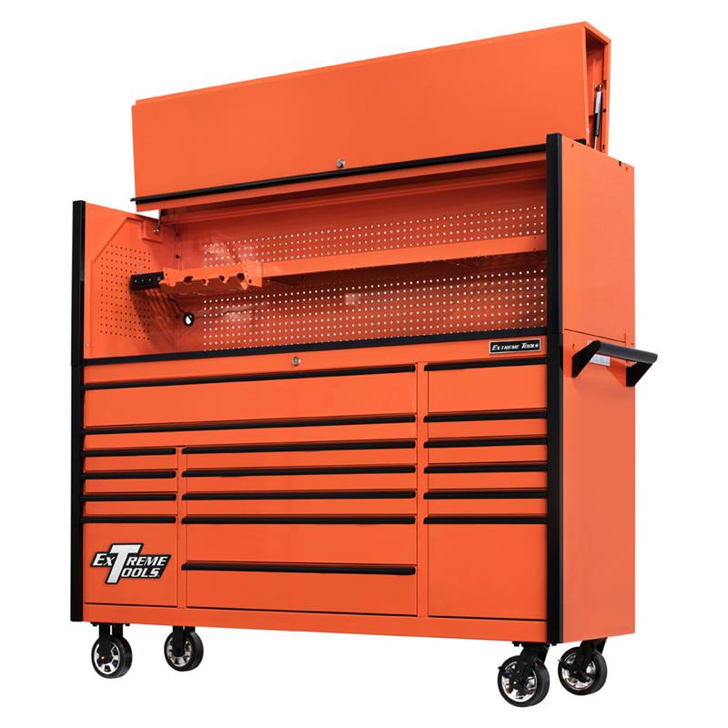 Extreme Tools 72 DX Series 17 Drawer Roller Cabinet w Hutch Orange w Black Drawer Pulls