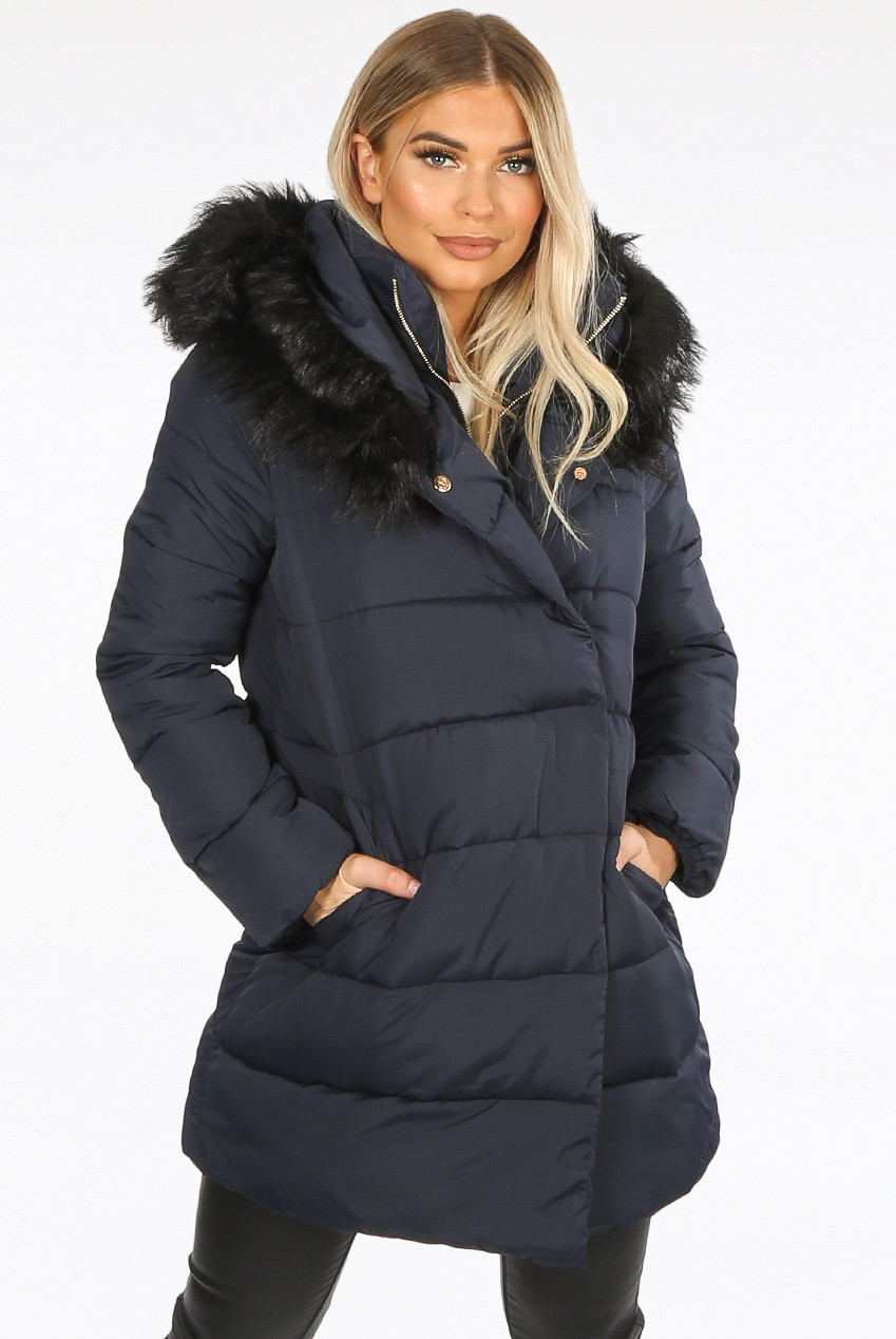 Wrap Puffer Coat with Faux Fur Hood - Buy Fashion Wholesale in The UK