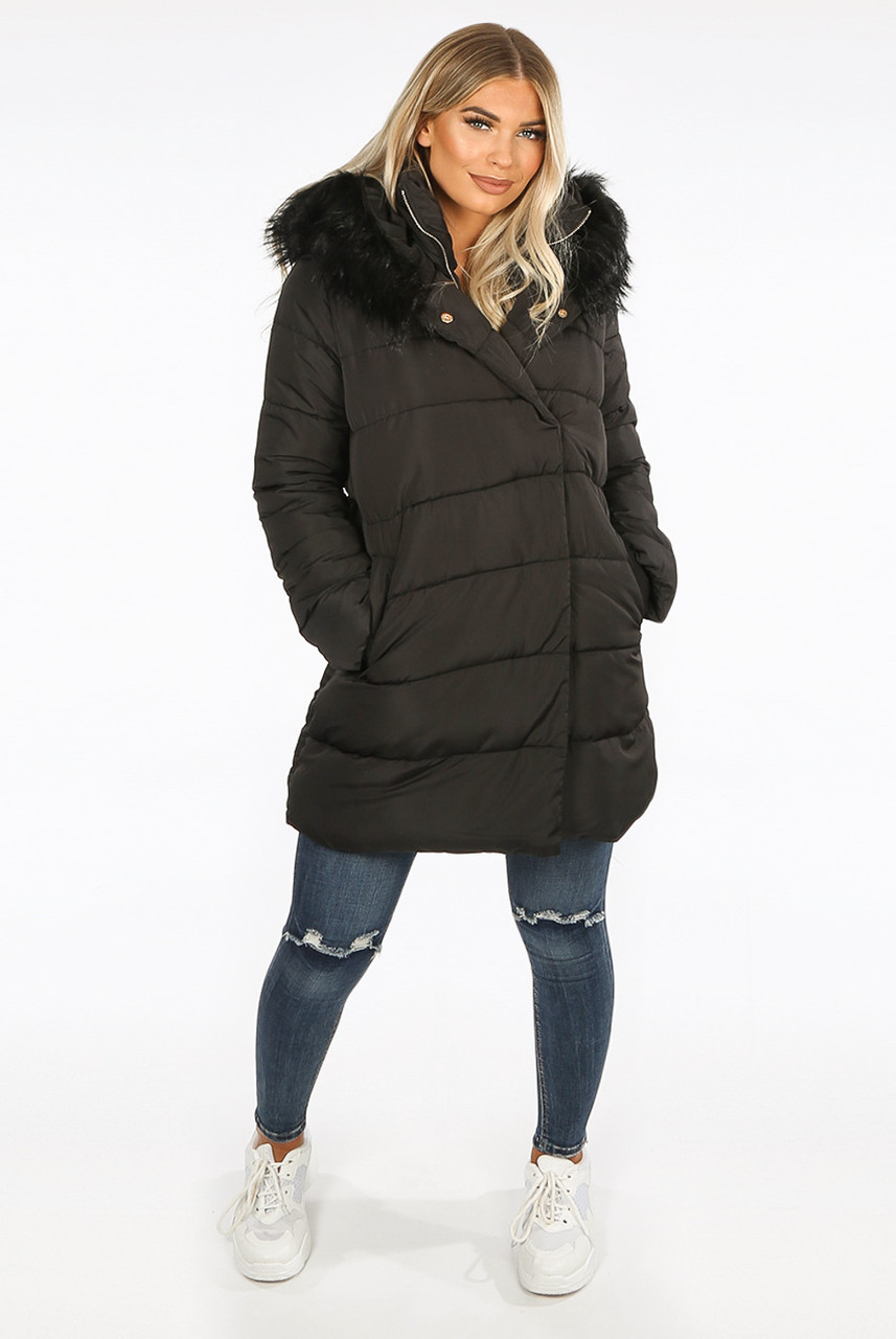Wrap Puffer Coat with Faux Fur Hood - Buy Fashion Wholesale in The UK