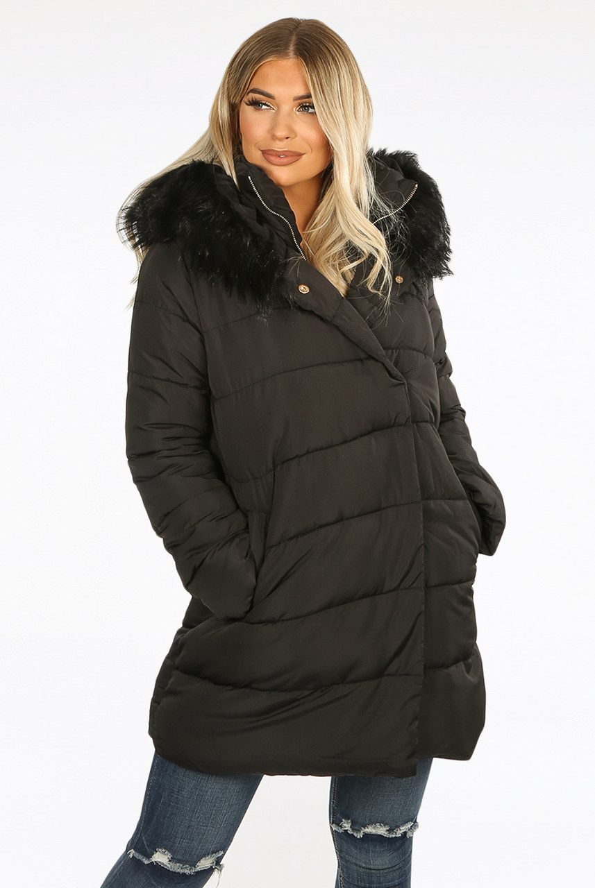 Wrap Puffer Coat with Faux Fur Hood - Buy Fashion Wholesale in The UK