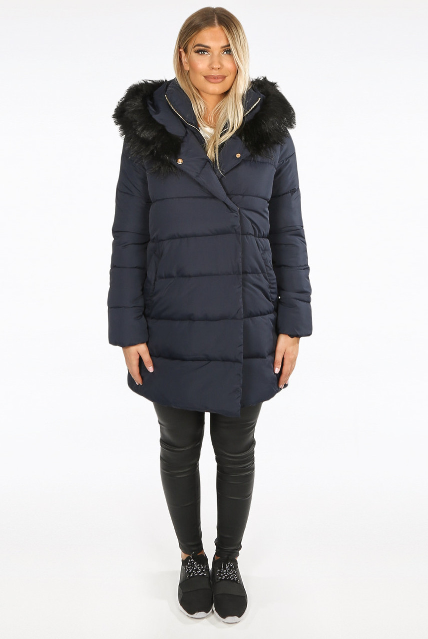 Wrap Puffer Coat with Faux Fur Hood - Buy Fashion Wholesale in The UK