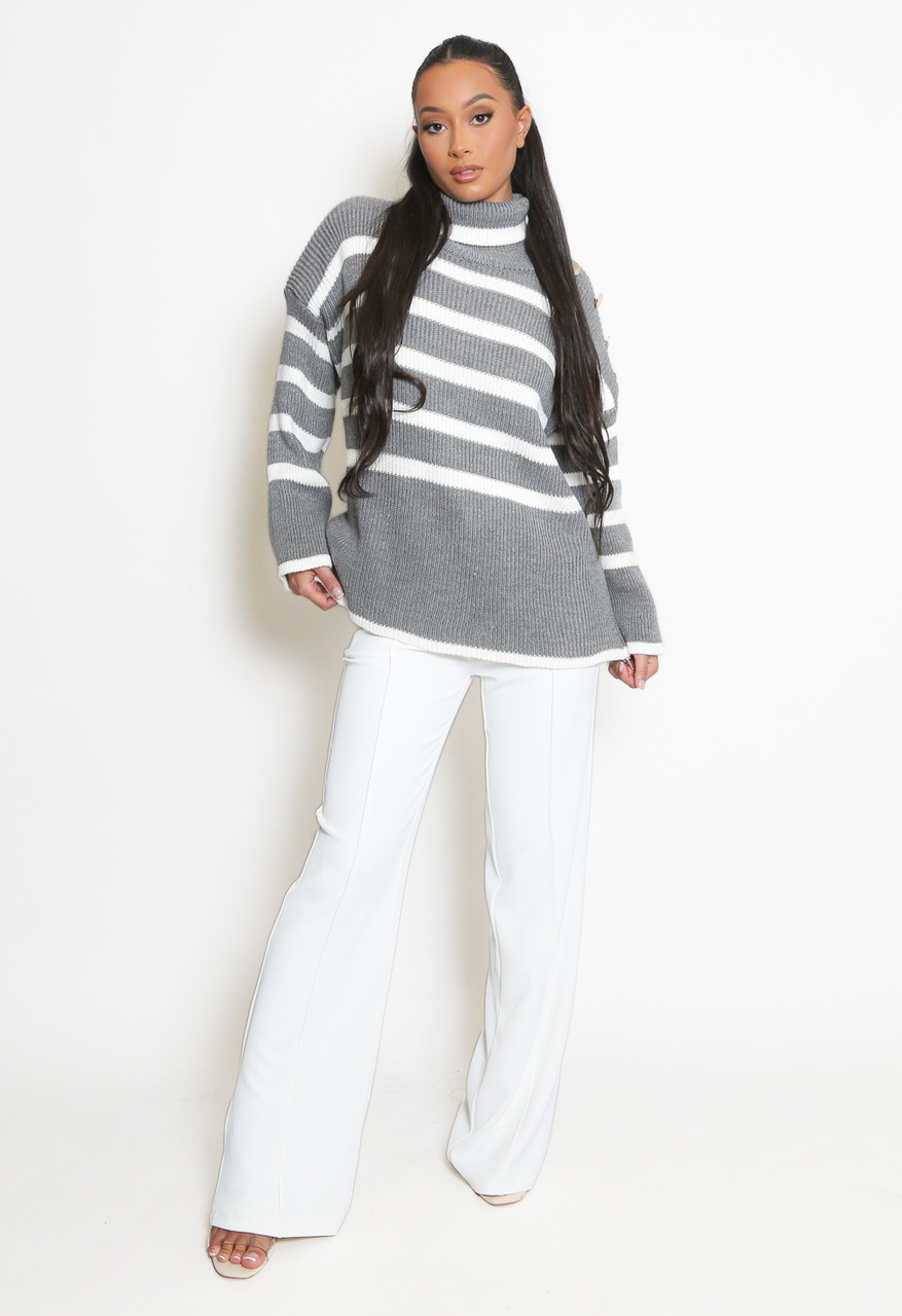Button Shoulder Striped Roll Neck Jumper - Buy Fashion Wholesale in The UK