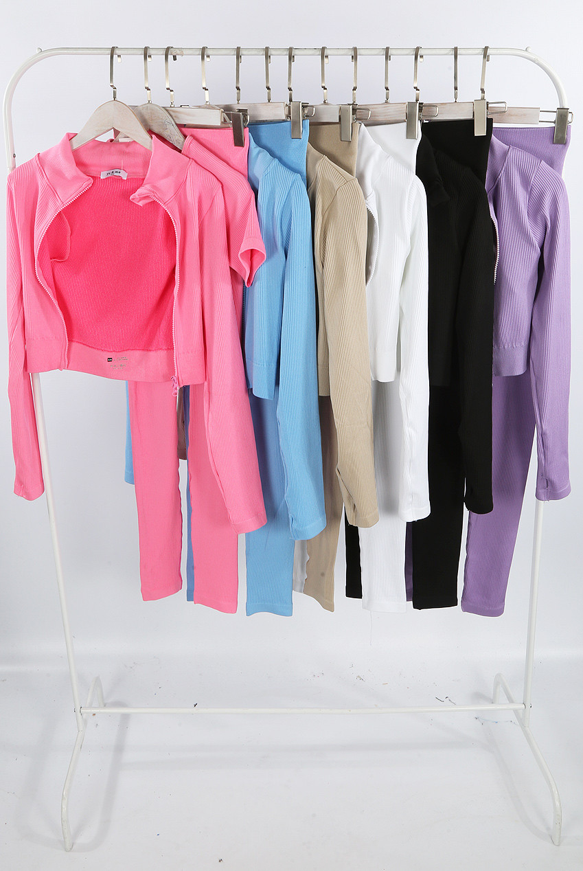 Ribbed Active Zip Up Three Piece Set - Buy Fashion Wholesale in The UK