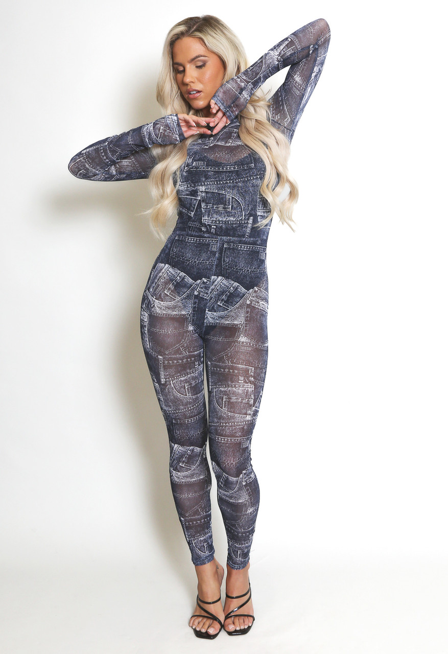 Denim Print Sheer Unitard - Buy Fashion Wholesale in The UK
