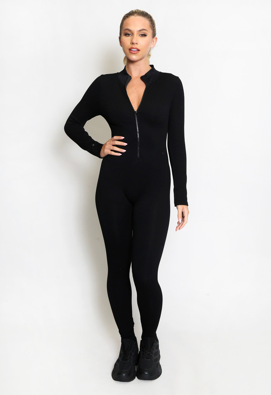 Ribbed High Neck Zip Front Unitard - Buy Fashion Wholesale in The UK