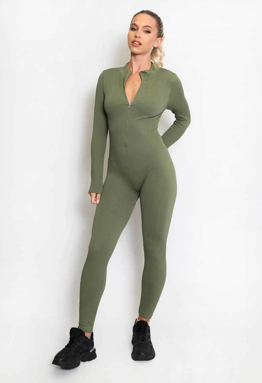 Ribbed High Neck Zip Front Unitard - Buy Fashion Wholesale in The UK