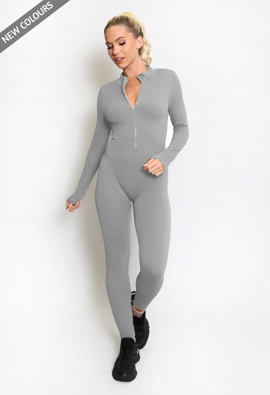 Ribbed High Neck Zip Front Unitard - Buy Fashion Wholesale in The UK