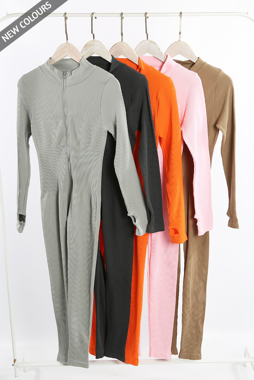 Ribbed High Neck Zip Front Unitard - Buy Fashion Wholesale in The UK