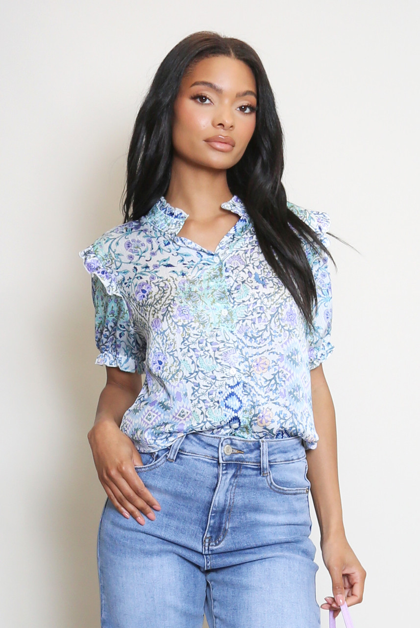 Mixed Print Collarless Blouse - Buy Fashion Wholesale in The UK