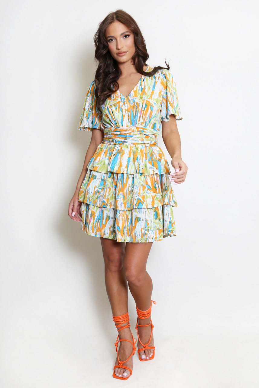 Printed V Neck Frilled Mini Dress - Buy Fashion Wholesale in The UK