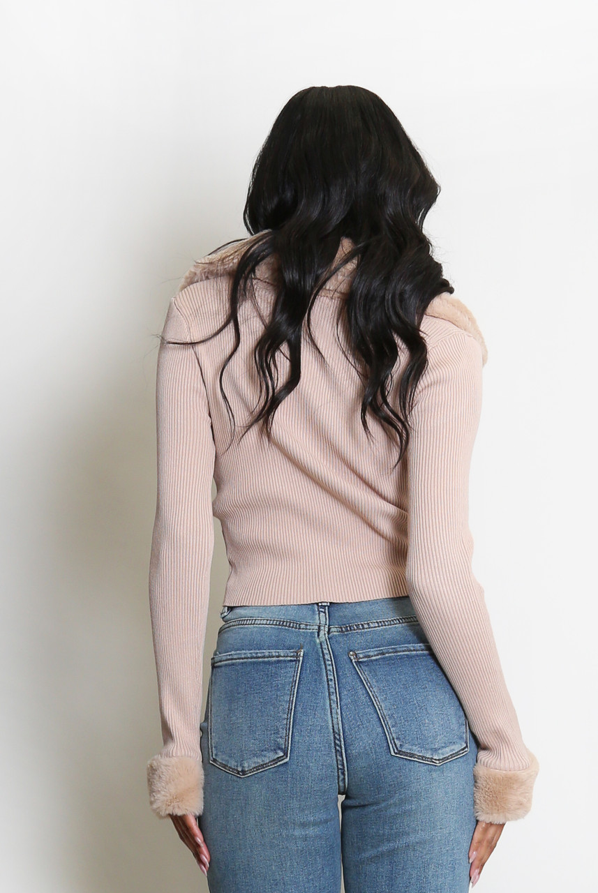 Faux Fur Collar And Cuff Ribbed Knit Jumper - Buy Fashion Wholesale in ...
