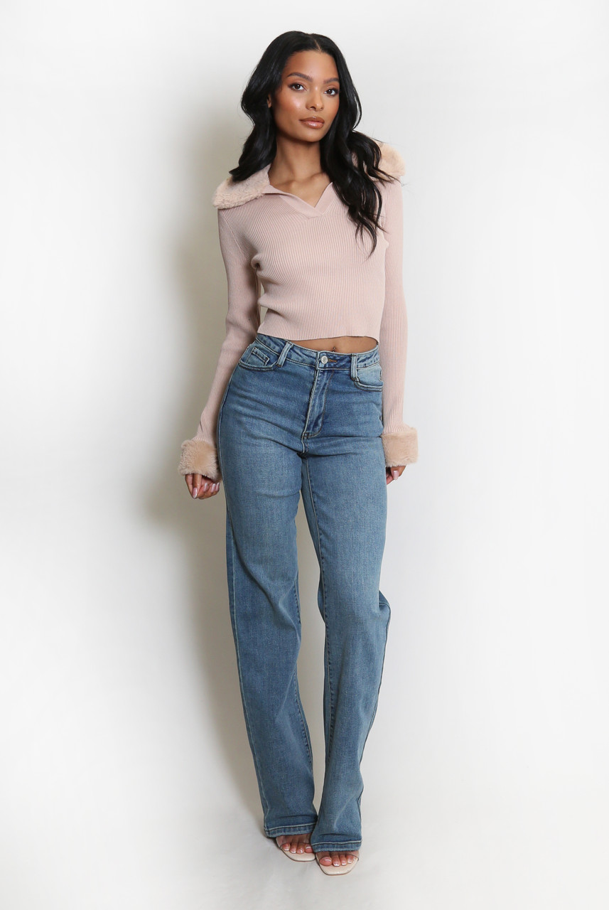 Faux Fur Collar And Cuff Ribbed Knit Jumper - Buy Fashion Wholesale in ...