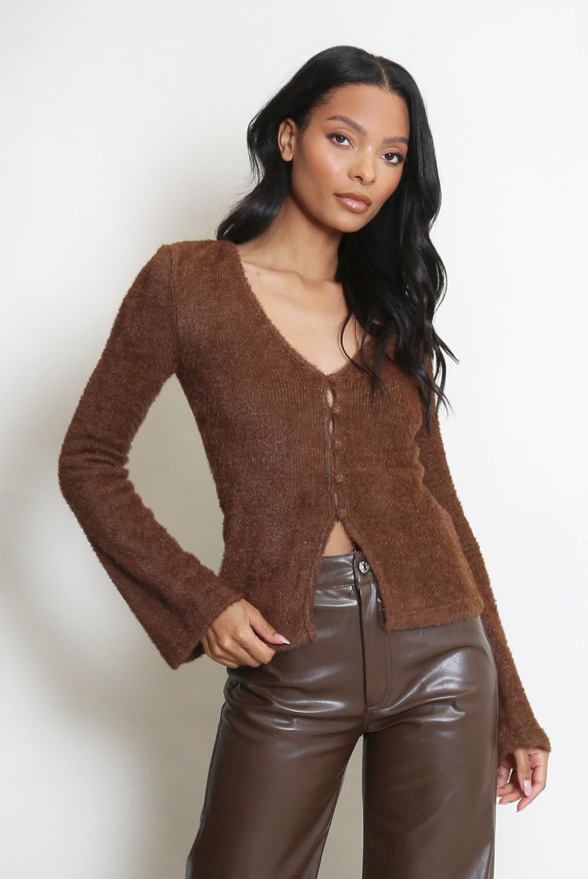 Fluffy Knit Flare Cuff Cardigan - Buy Fashion Wholesale in The UK
