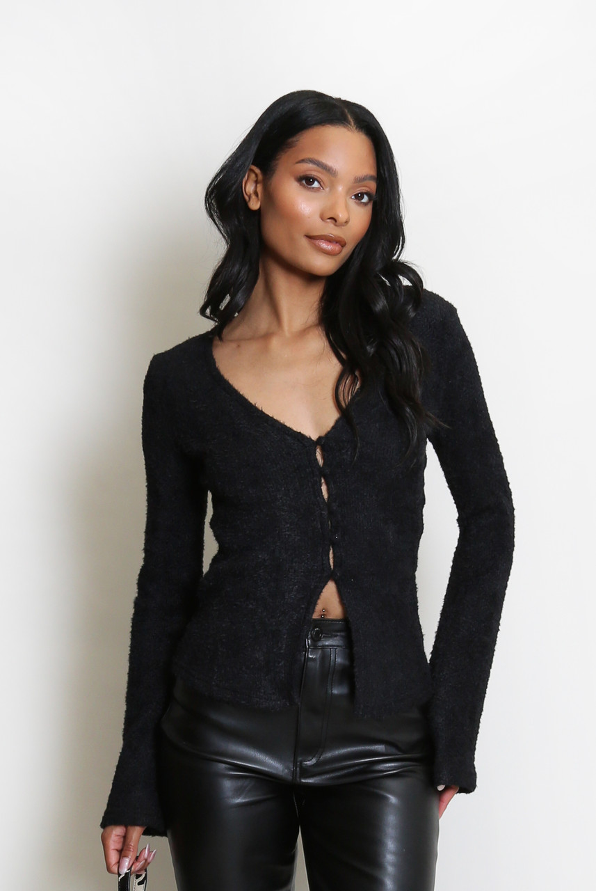 Fluffy Knit Flare Cuff Cardigan - Buy Fashion Wholesale in The UK