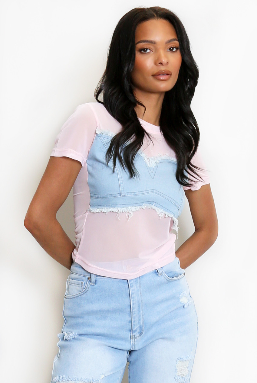 Sheer Mesh Top With Denim Panel - Buy Fashion Wholesale in The UK