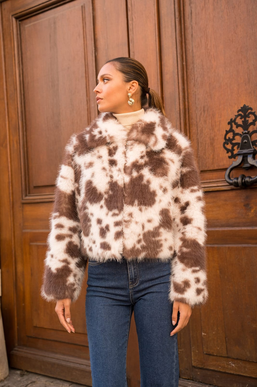 Cow Print Faux Fur Jacket - Buy Fashion Wholesale in The UK