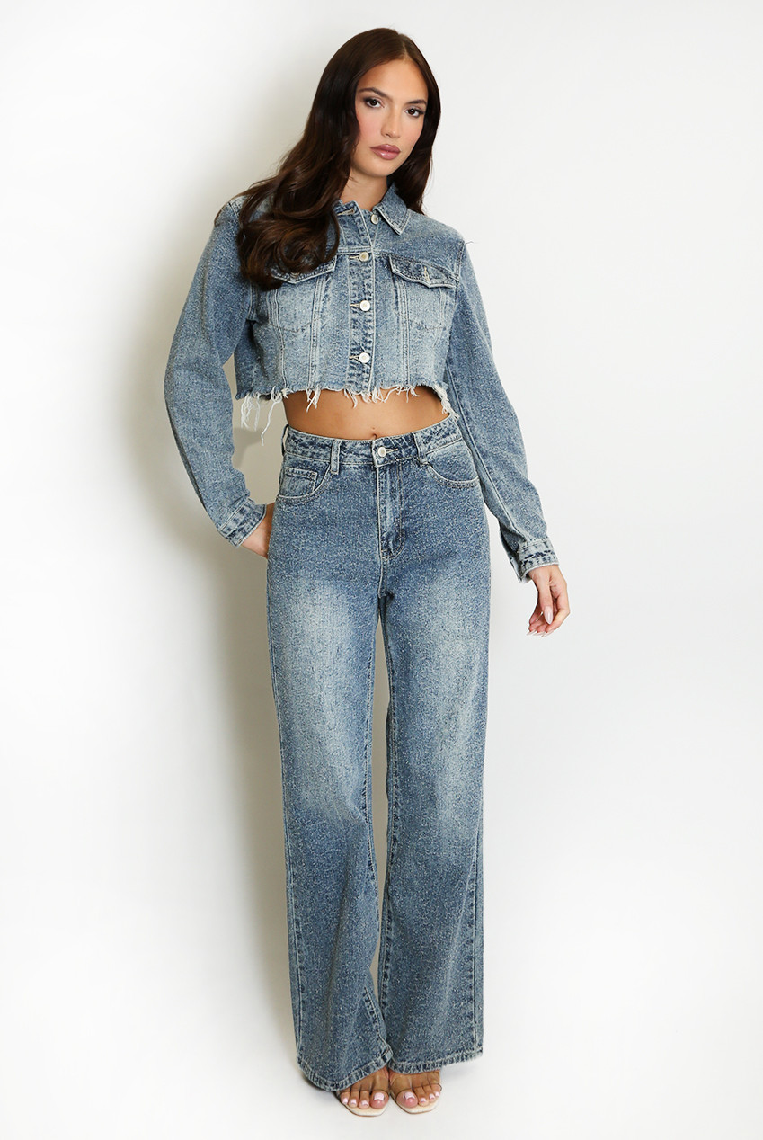 Vintage Denim Cropped Jacket And Wide Leg Jeans Set - Buy Fashion ...